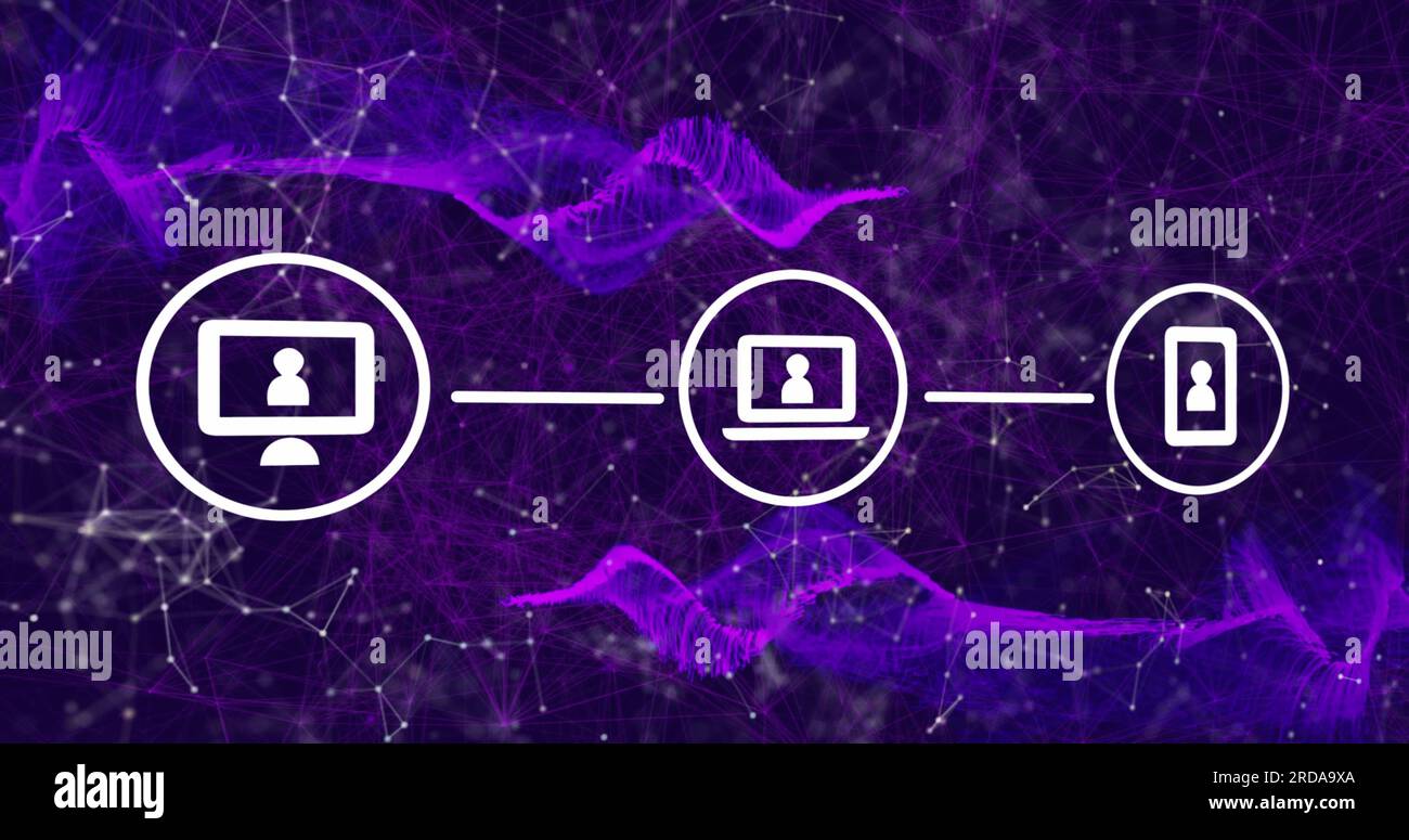 Composite of network with icons and data processing over purple ...