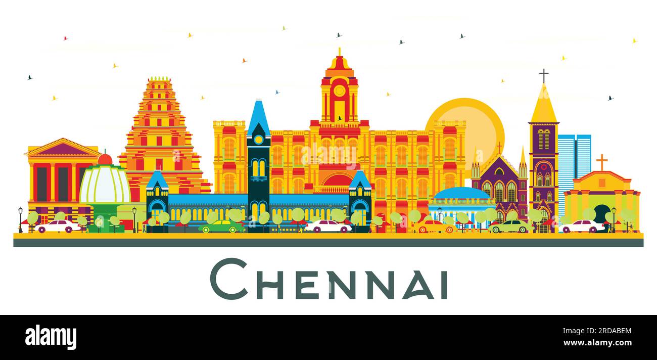 Chennai India City Skyline with Color Landmarks Isolated on White ...