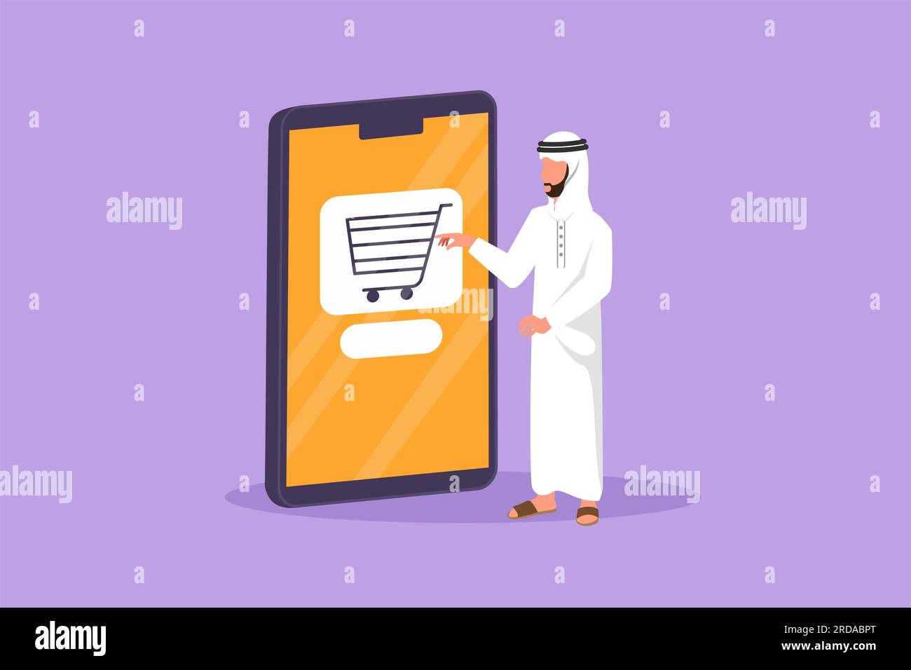 Cartoon flat style drawing Arab man standing and buying online via ...