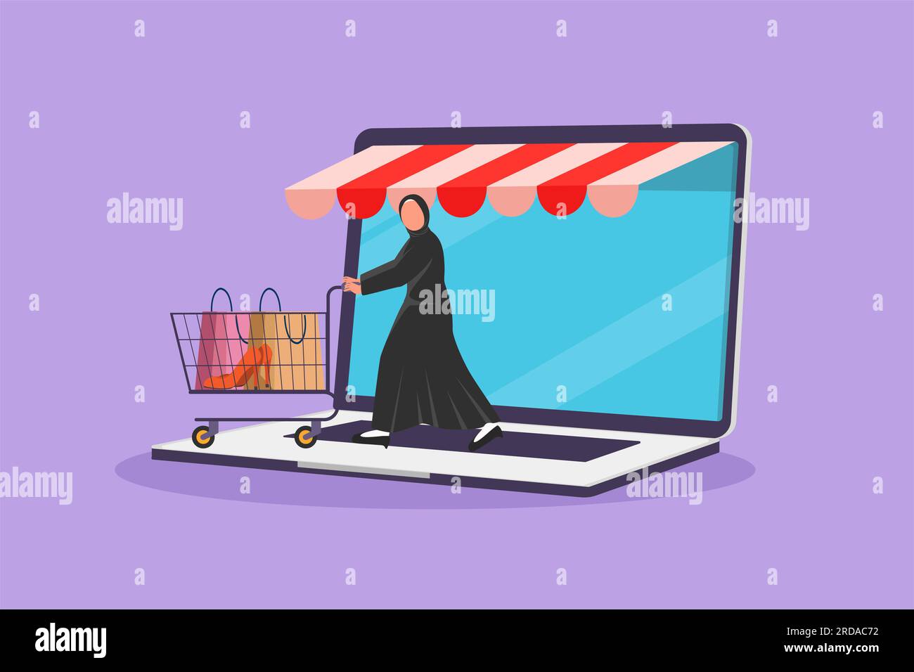 Cartoon flat style drawing beautiful Arab woman coming out of laptop ...