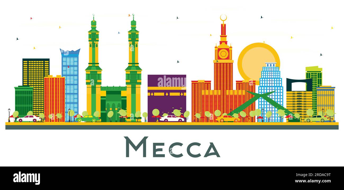 Mecca Saudi Arabia City Skyline with Color Landmarks Isolated on White ...