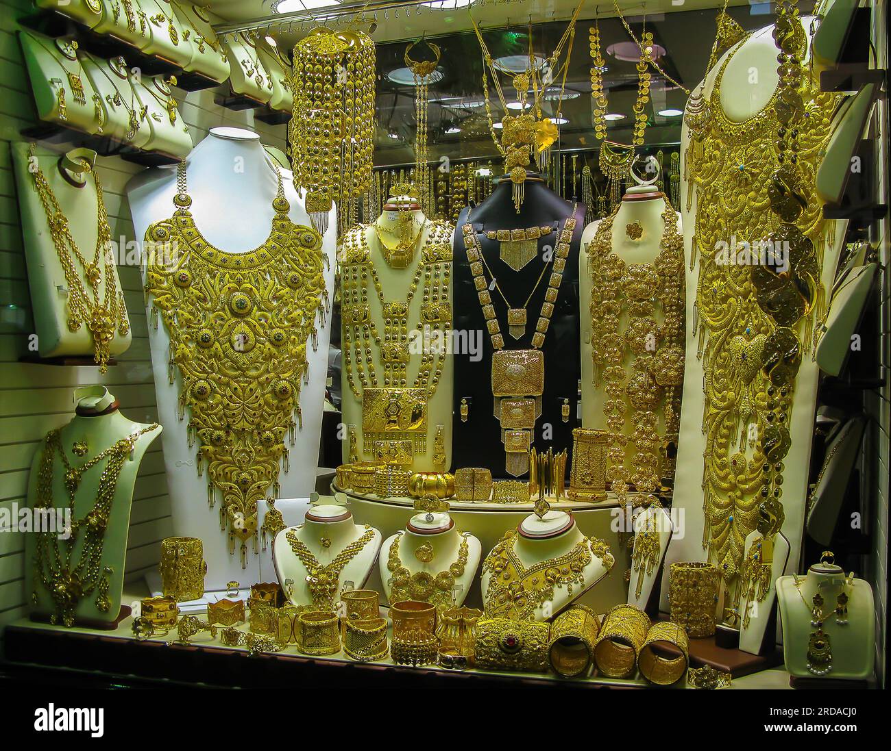 showcase with golden decorations at the golden bazaar, Dubai, UAE Stock ...