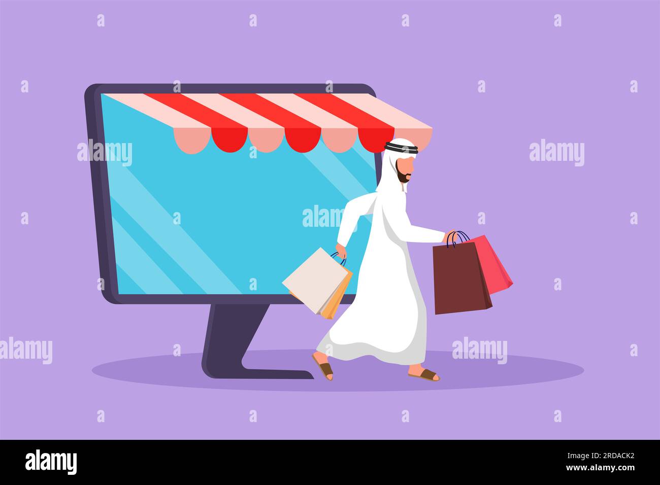 Character flat drawing Arab man walking and coming out of monitor ...