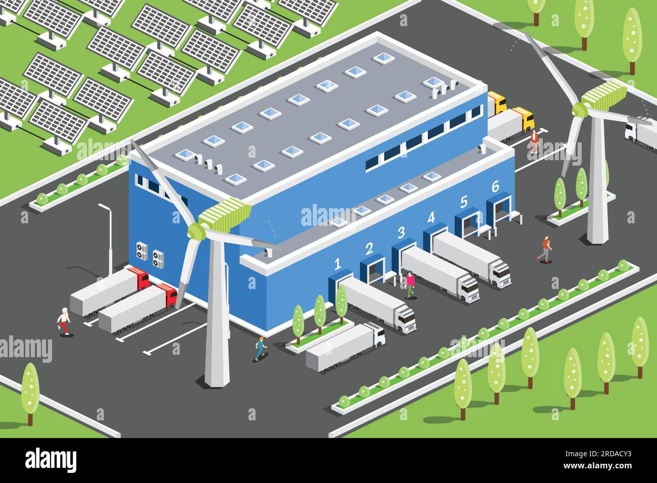 Isometric Distribution Logistic Center with Solar Panels and Wind ...