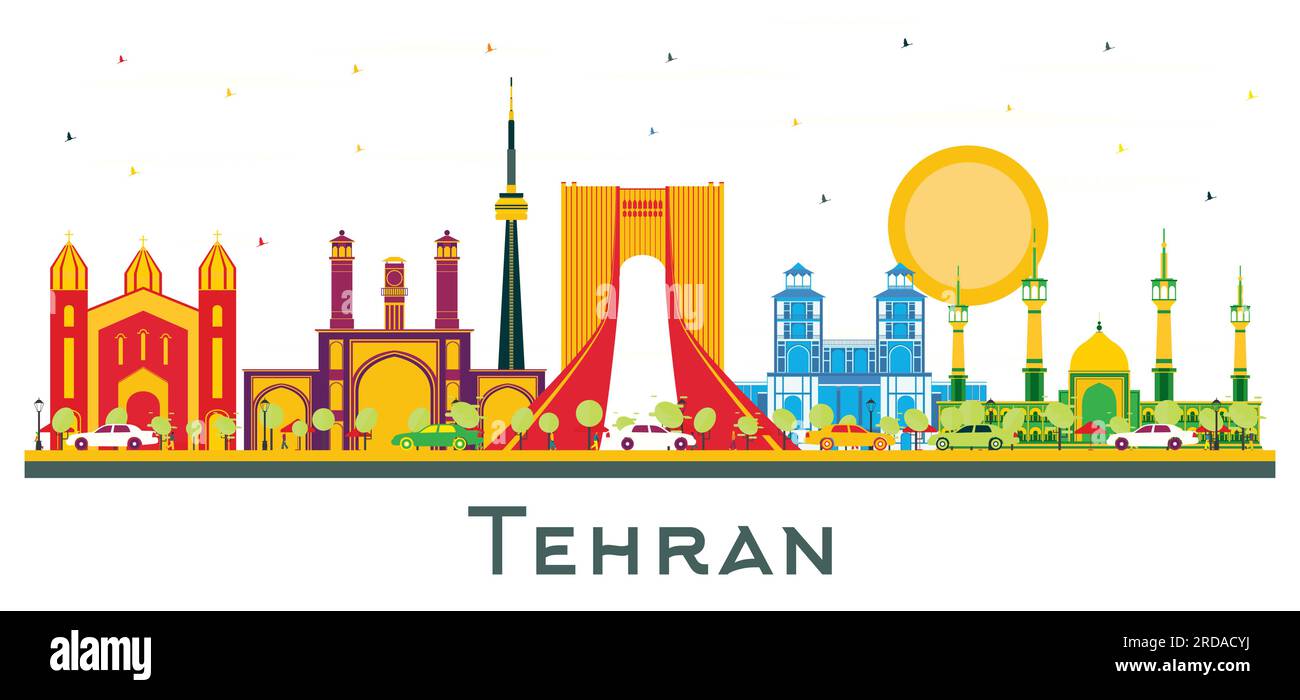 Tehran Iran City Skyline with Color Landmarks Isolated on White. Vector ...