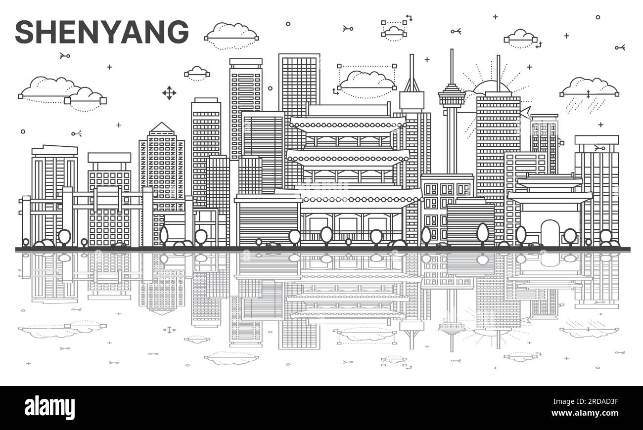 Outline Shenyang China City Skyline with Reflections, Modern and Historic Buildings Isolated on ...