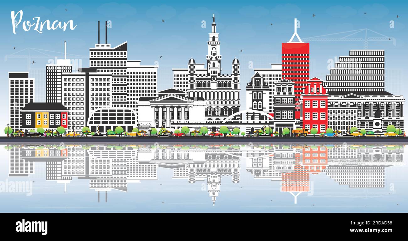 Poznan Poland City Skyline with Color Buildings, Blue Sky and ...