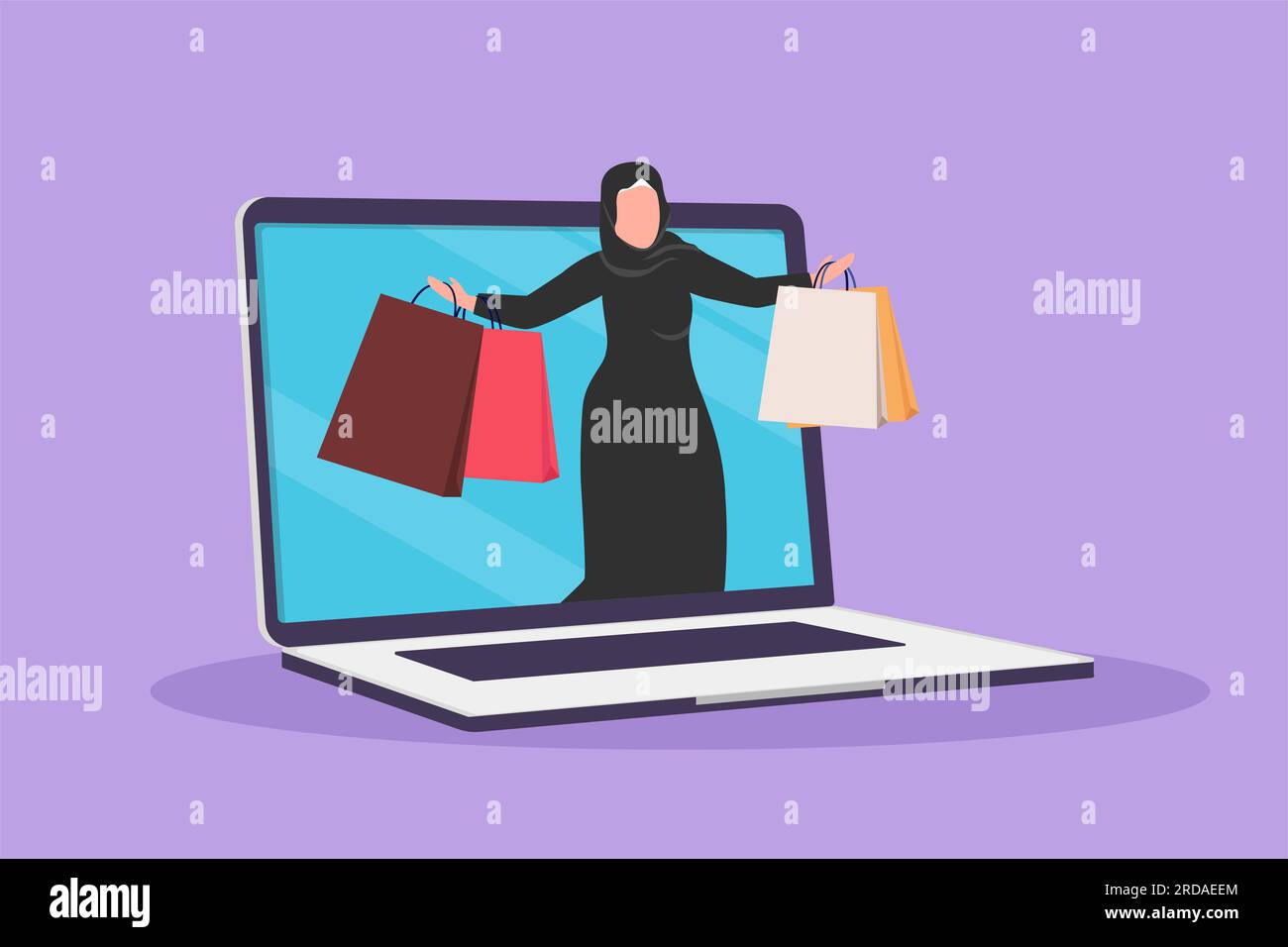 Graphic Flat Design Drawing Arab Woman Coming Out Of Laptop Computer