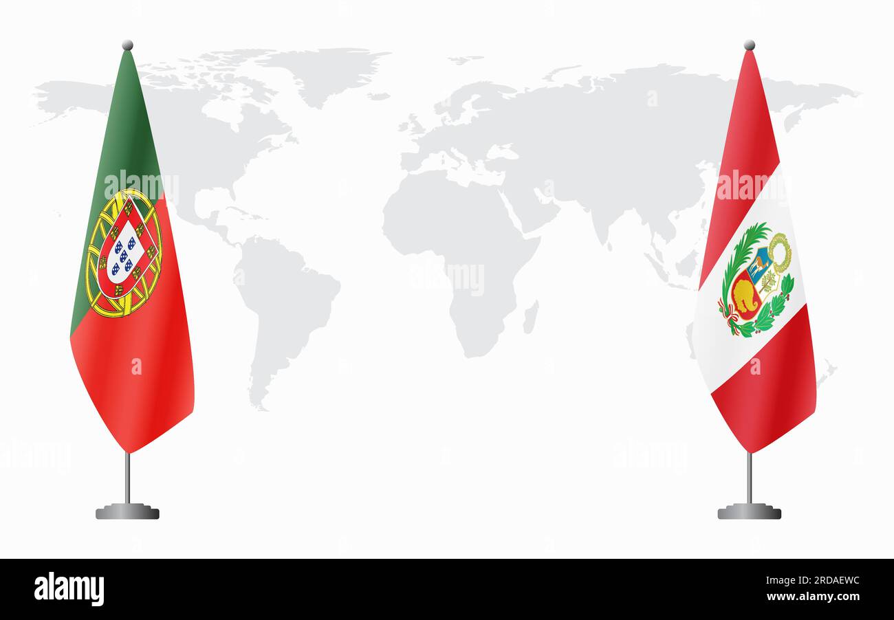 Portugal and Peru flags for official meeting against background of ...