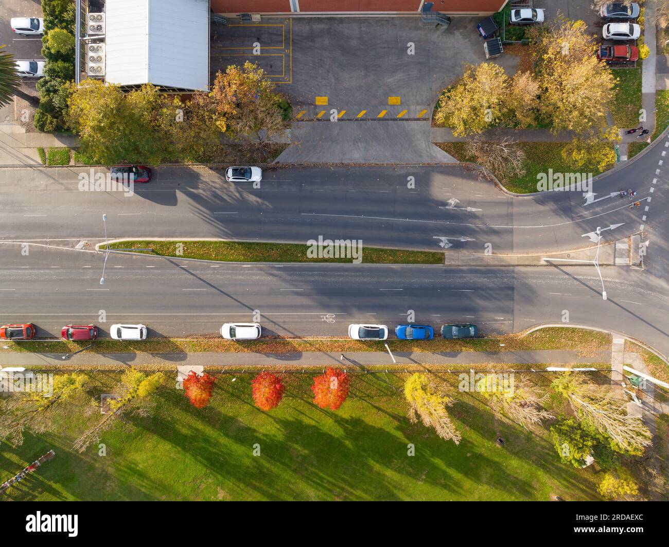 Aerial view of cars parked along a divided road lined with Autumn trees ...