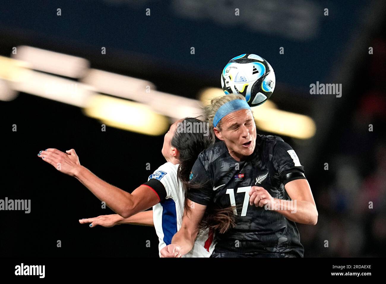 New Zealand's Hannah Wilkinson goes for a header with Norway's Ingrid ...