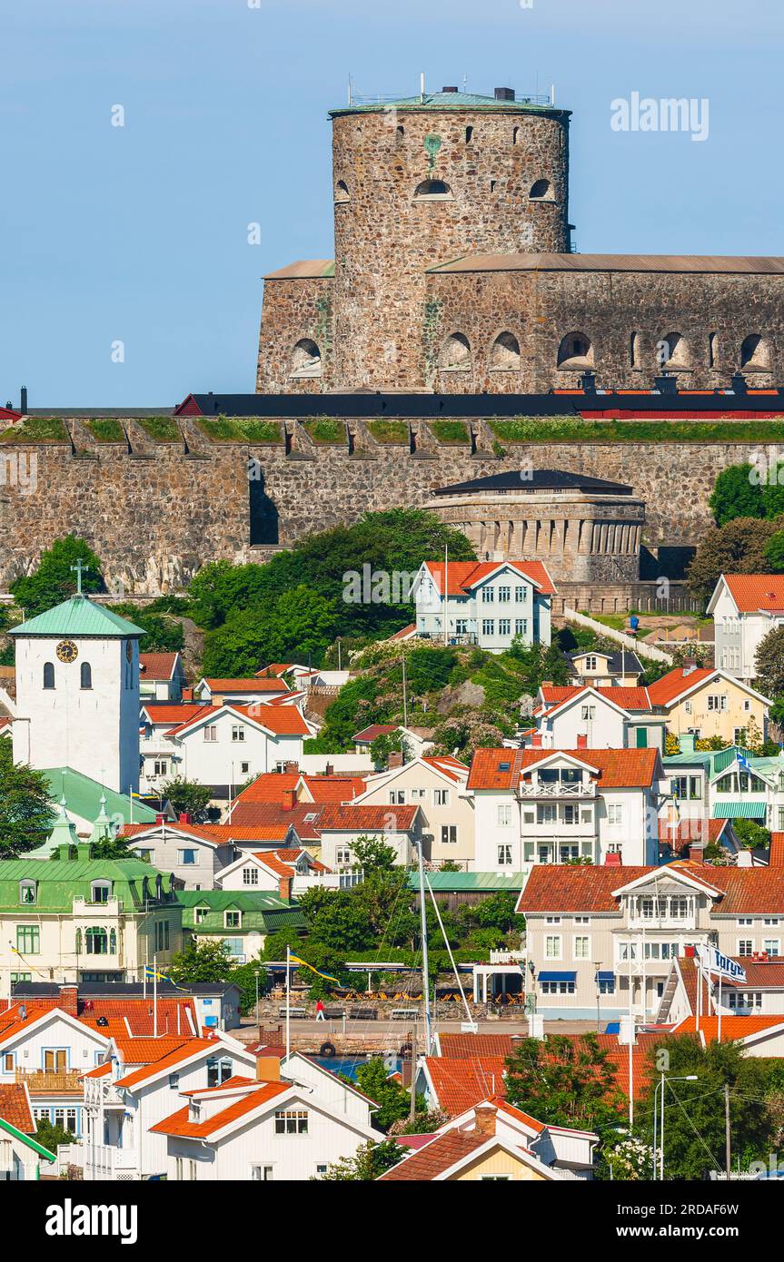 Marstrand, Sweden is a historic town with buildings and houses beneath ...