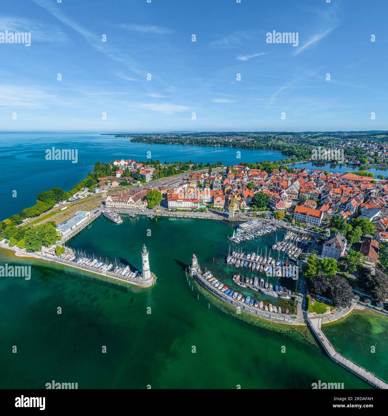 The famous harbour entrance of Lindau on Lake Constance from above ...