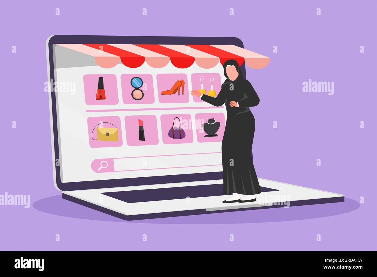 Graphic flat design drawing Arab woman choosing shopping items on a ...