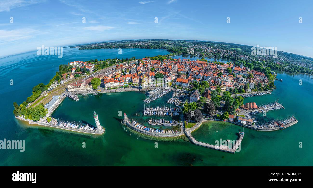 The famous harbour entrance of Lindau on Lake Constance from above ...
