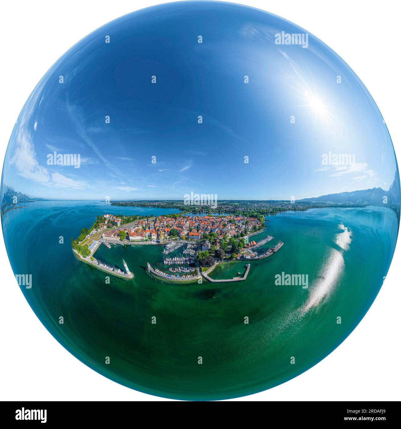 The famous harbour entrance of Lindau on Lake Constance from above ...