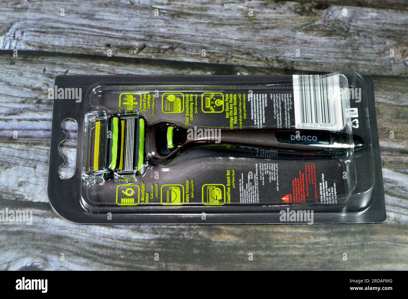 Cairo, Egypt, July 5 2023: Dorco Pace 6 Pro for shaving comes with ...