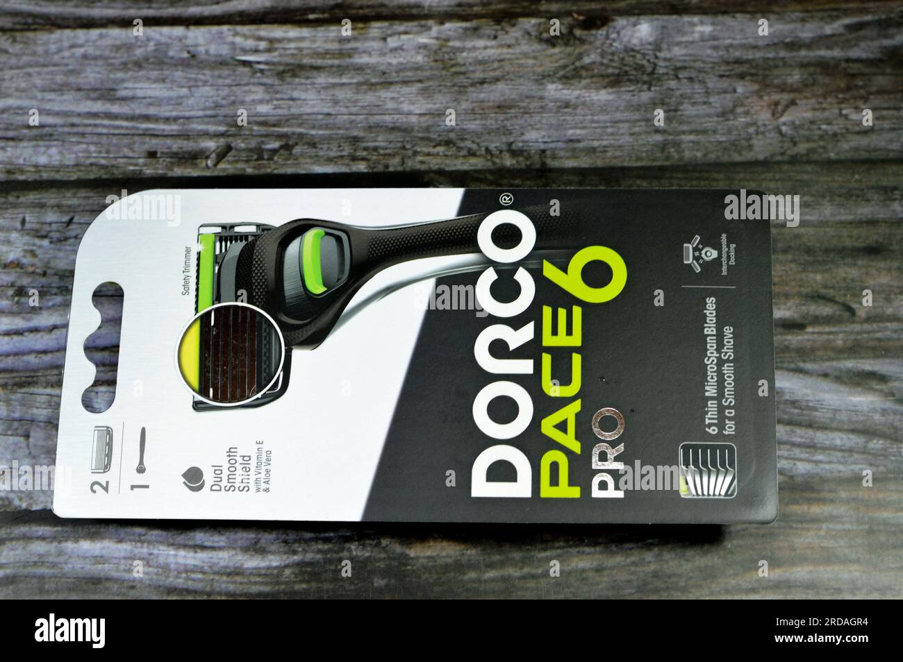Cairo, Egypt, July 5 2023: Dorco Pace 6 Pro for shaving comes with ...