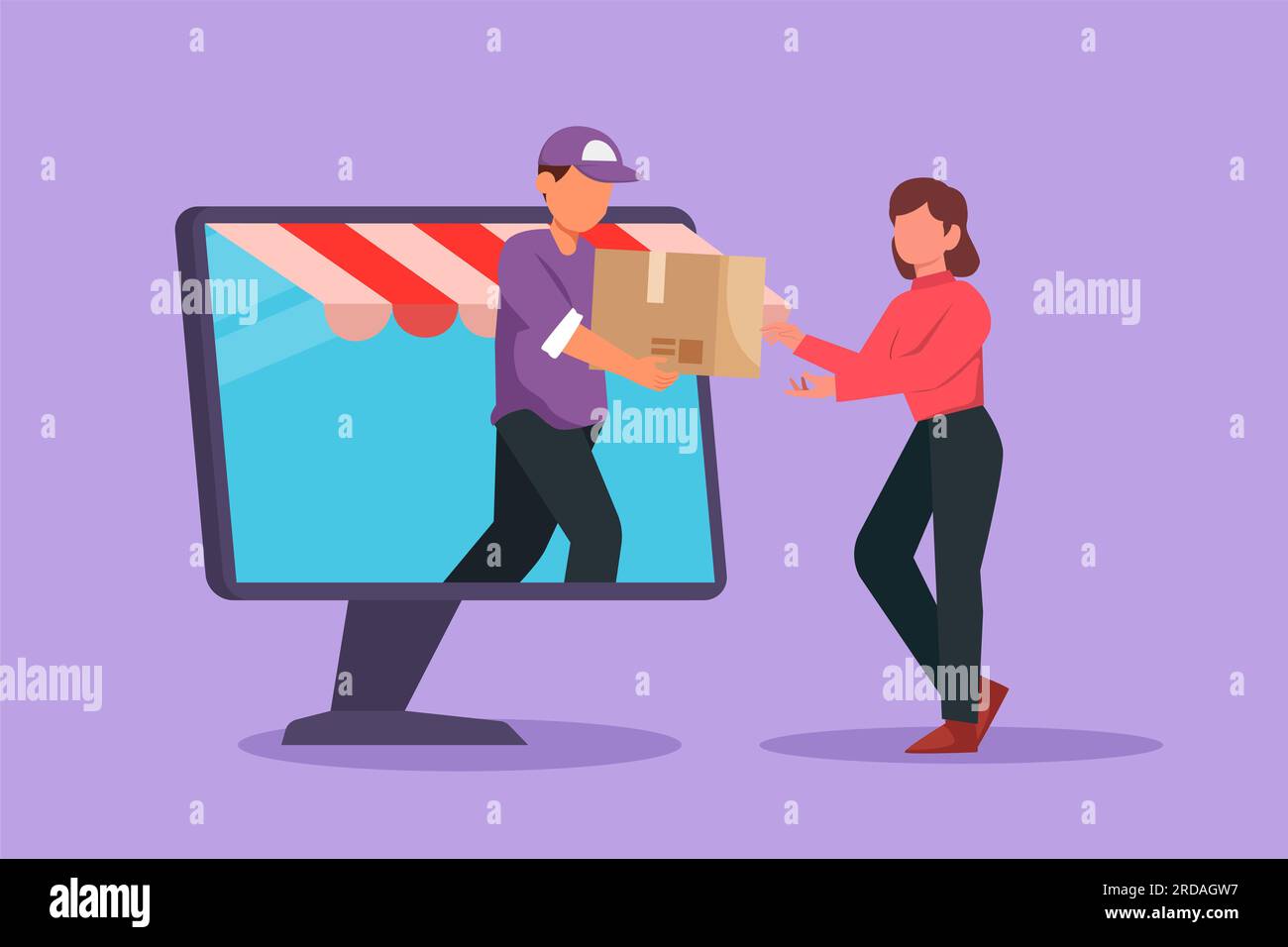 Graphic flat design drawing male courier comes out of canopy monitor ...