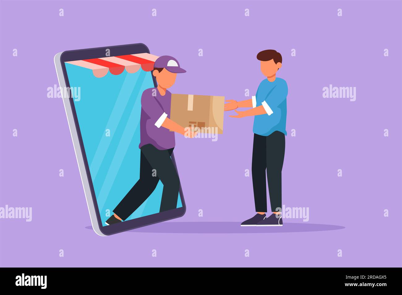 Graphic flat design drawing male courier comes out of canopy giant ...