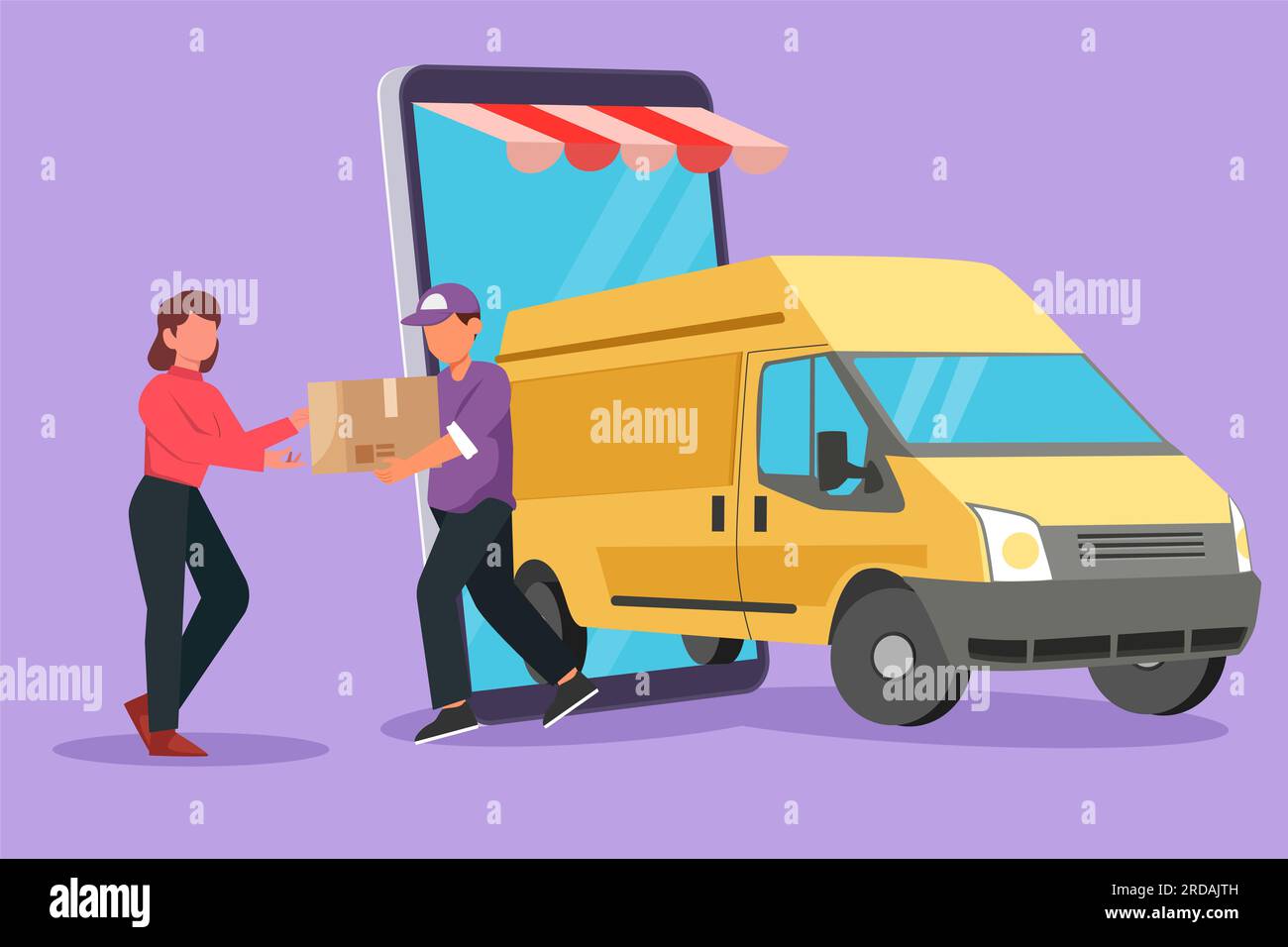 Graphic flat design drawing delivery box car comes out from big ...