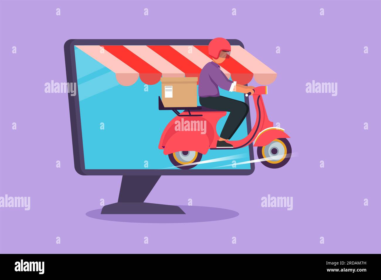 Graphic flat design drawing male courier riding scooter carrying ...