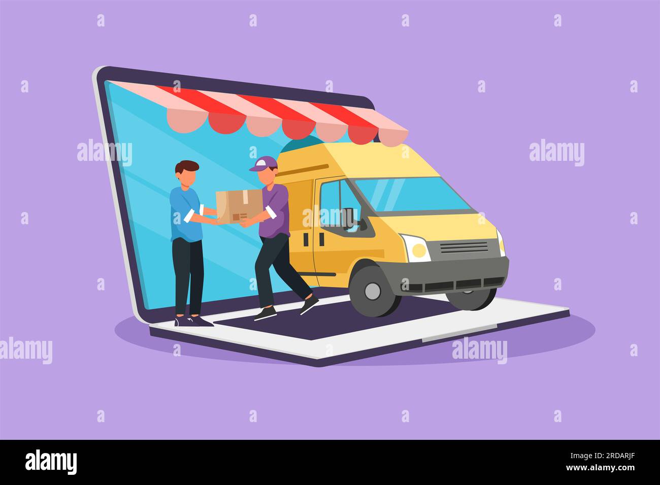 Character flat drawing delivery box car comes out partly from giant ...