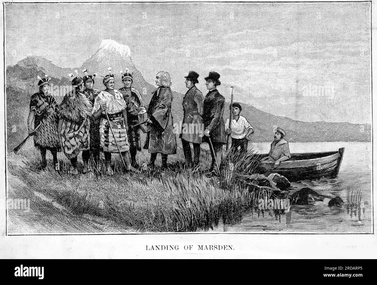 Engraving of Rev Samuel Marsden landing in New Zealand, pubished circa ...