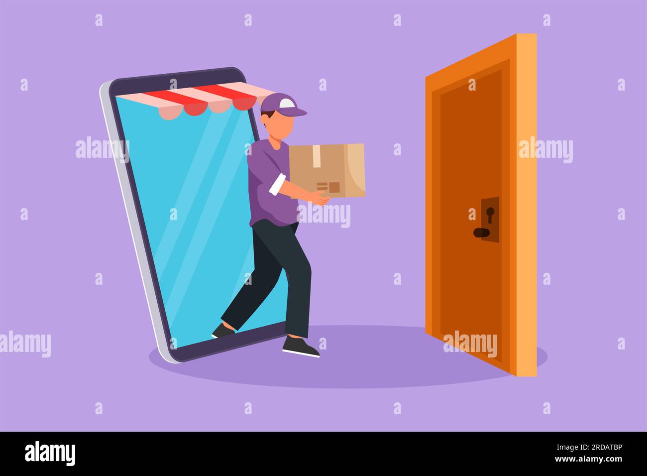 Cartoon flat style drawing of young male courier comes out of big ...