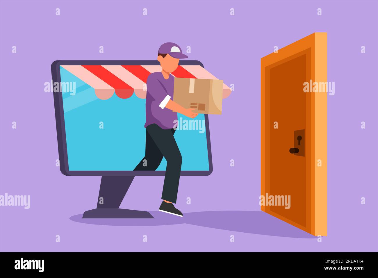 Character flat drawing young male courier comes out of giant computer ...