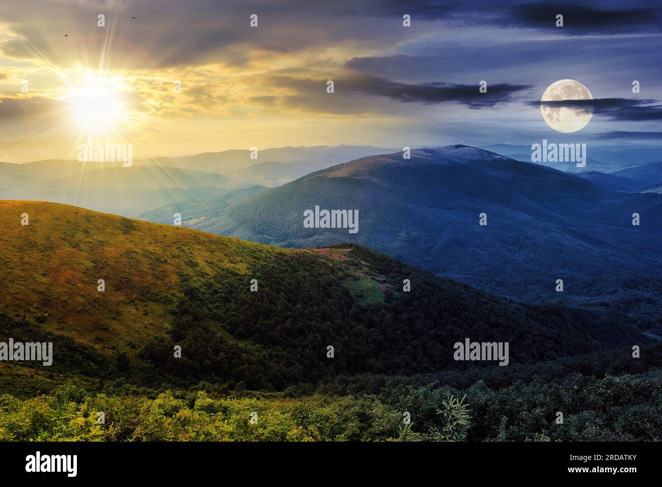 day and night time change concept. summer landscape with sun and moon ...