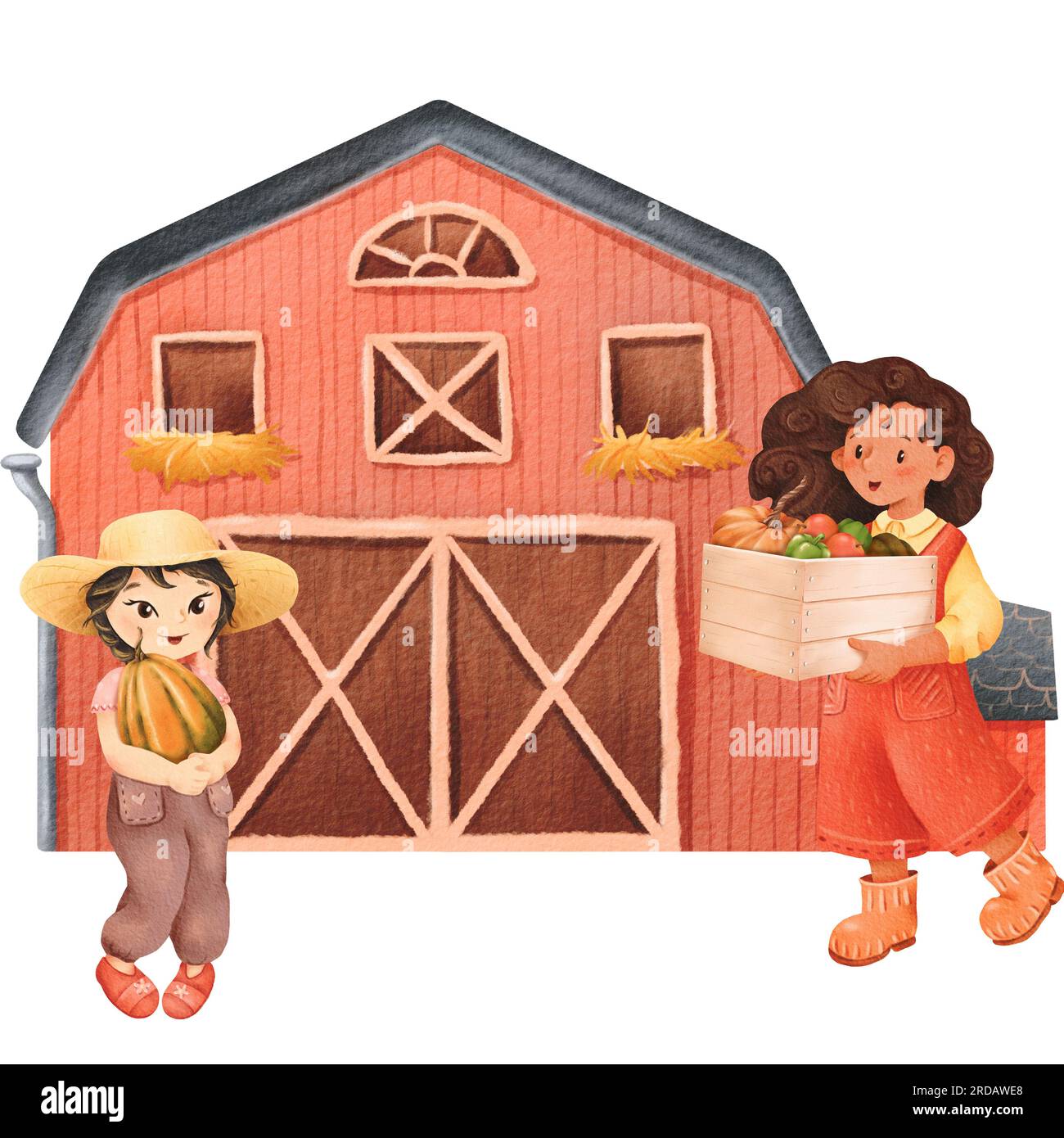 Set of farmers. Asian beautiful girl with black pigtails. Kid holding a ...