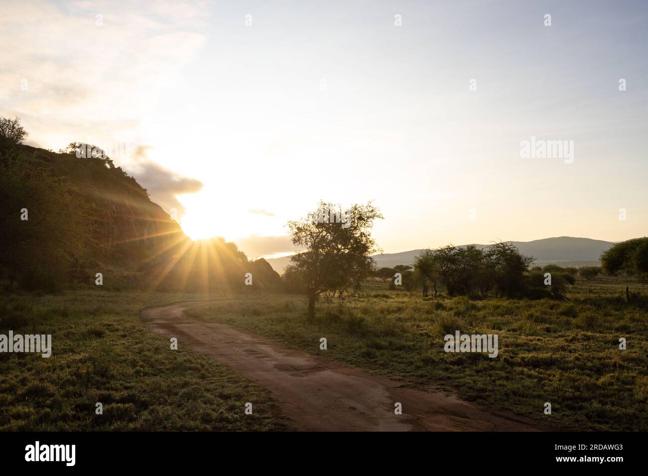 Beautiful sunset landscape in Africa, savanna taken on a safari ...