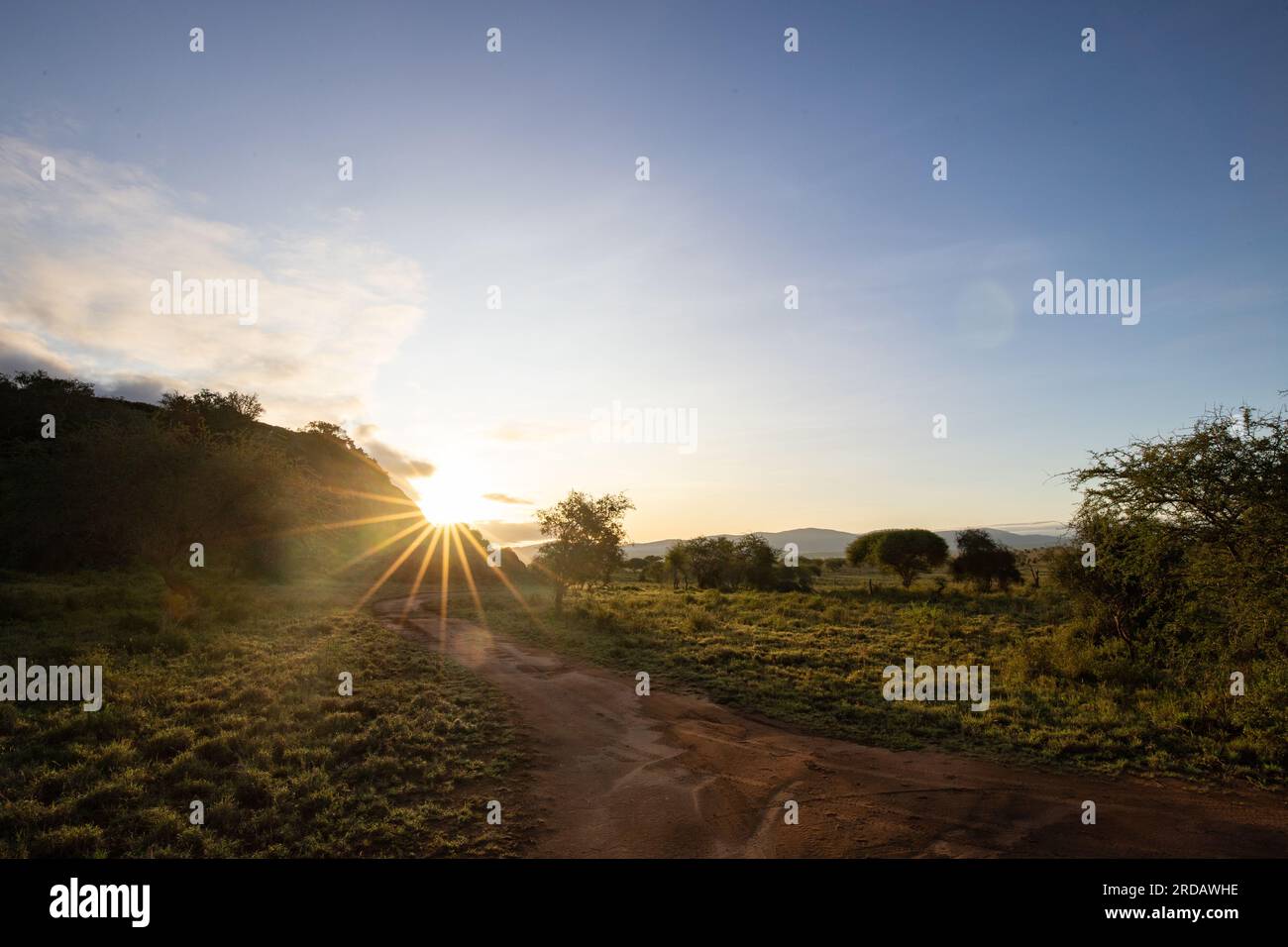 Beautiful sunset landscape in Africa, savanna taken on a safari ...