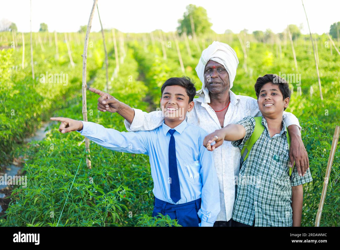 Indian three people standing in farm, farmer and his two son in farm ...