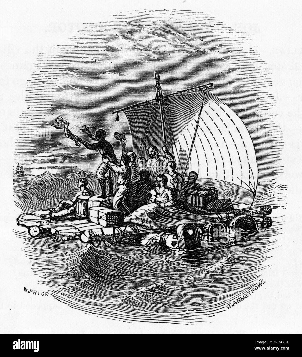 Engraving of a group of people adrift on a raft Stock Photo - Alamy