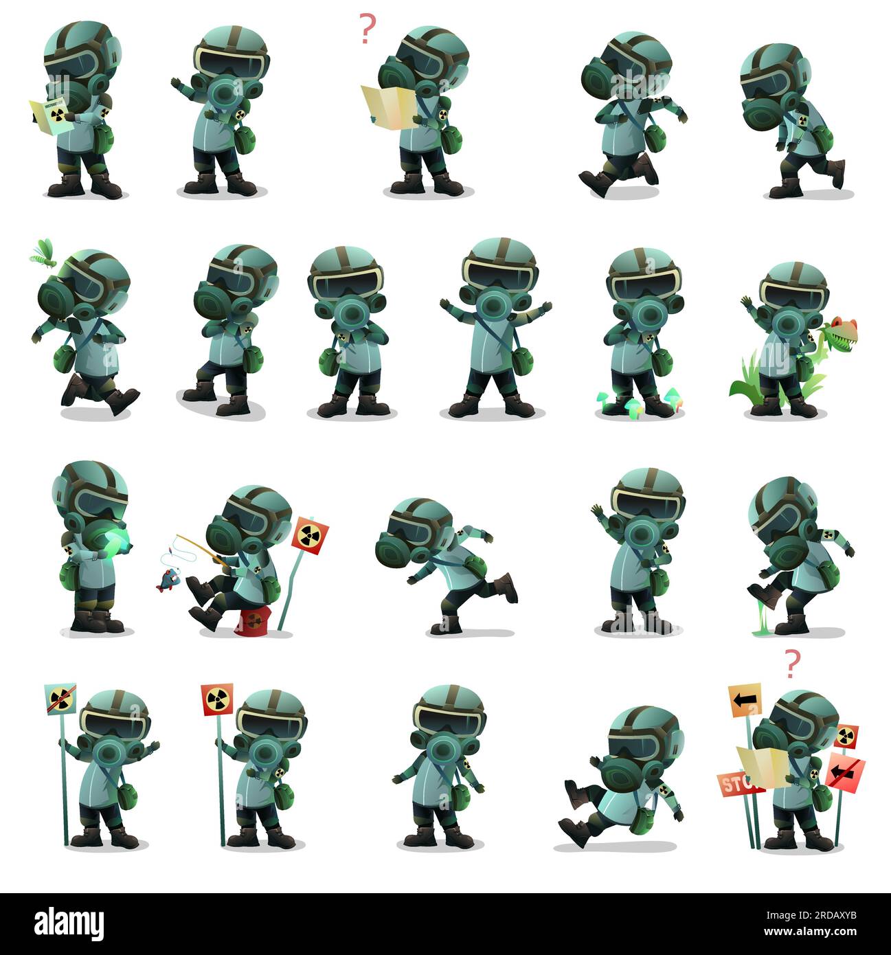 Radiation set. Different situations in radioactive. Funny cartoon style ...