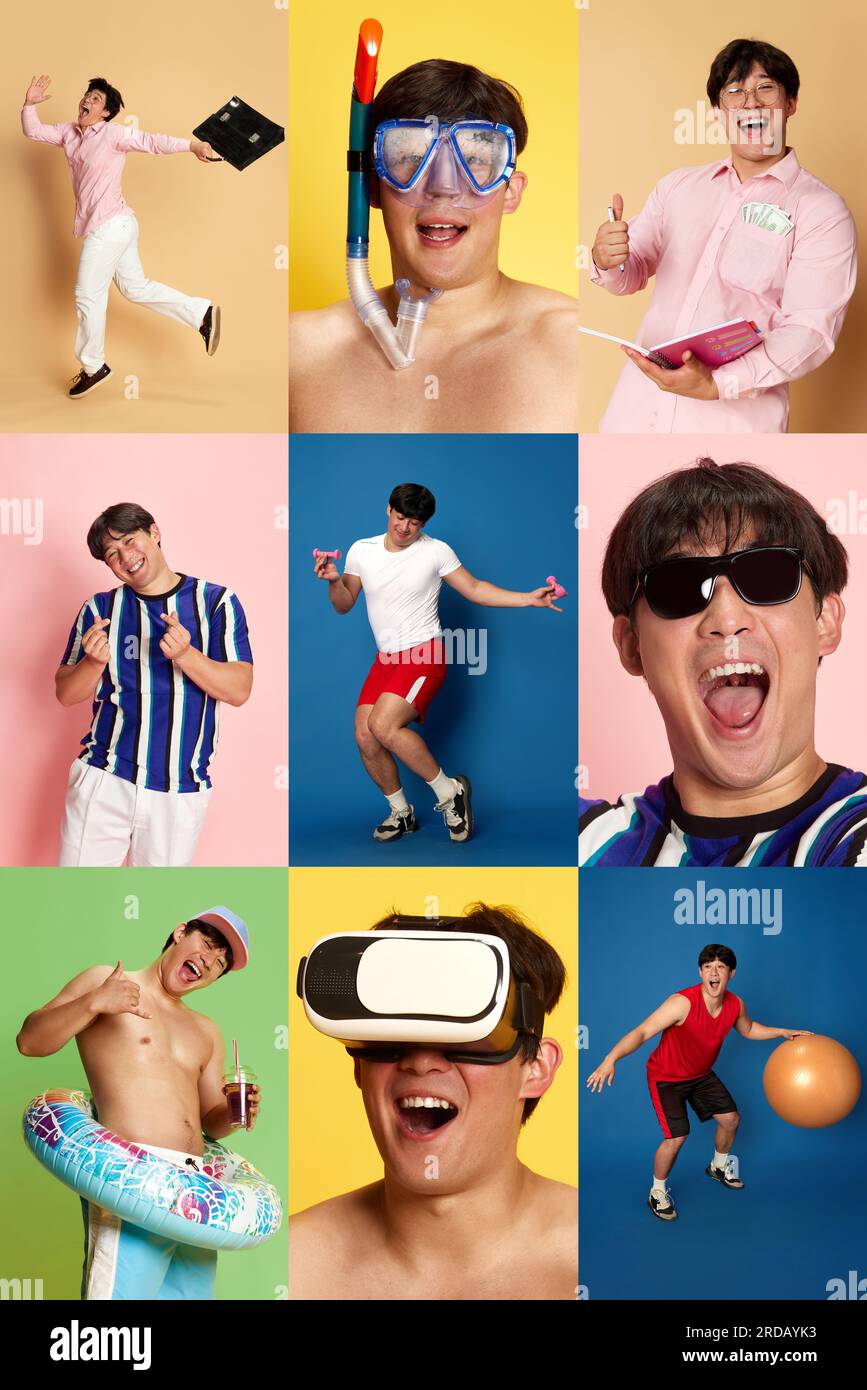 Collage made of portrait of young man posing with cheerful emotions in ...