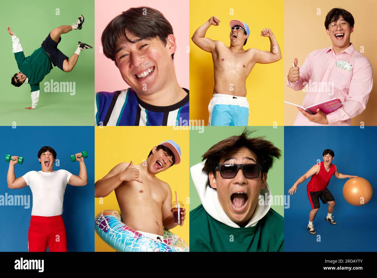 Collage made of portrait of young man posing with cheerful emotions in ...