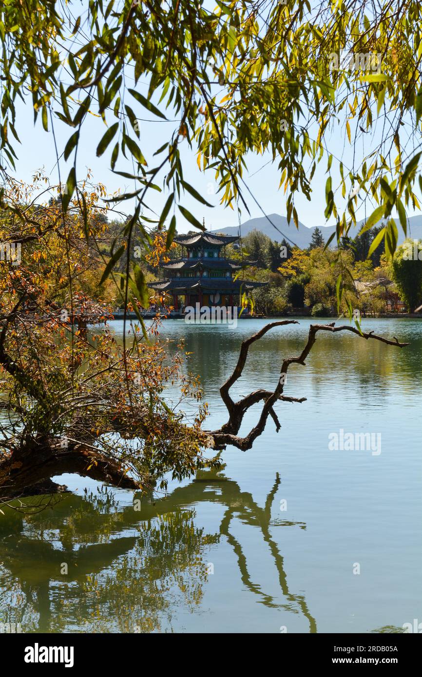 Pagoda on the Black dragon lake in Lijiang surrounded by trees ...