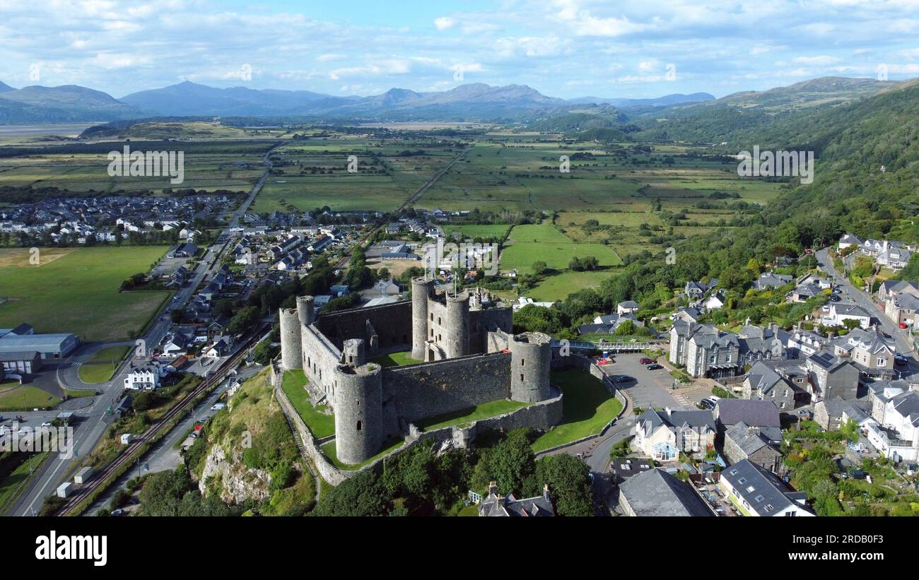 Aerial drone view of Harlech Castle, a hilltop medieval fortification ...
