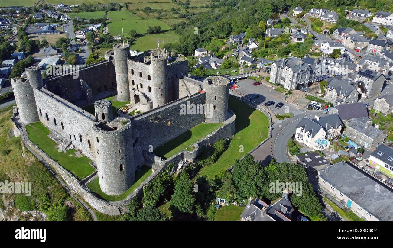 Aerial drone view of Harlech Castle, a hilltop medieval fortification ...