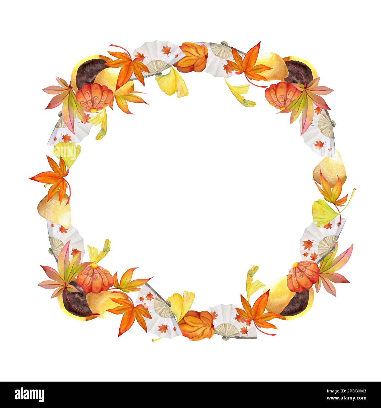 Watercolor hand drawn traditional Japanese sweets. Circle wreath of ...