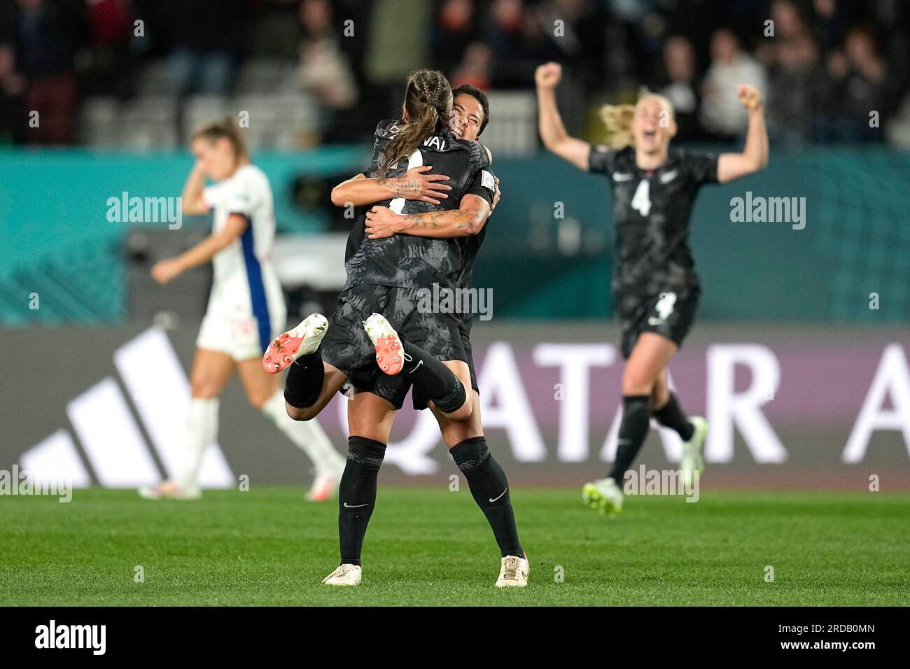 New Zealand's Ria Percival and Ali Riley hug at the end of the Women's ...
