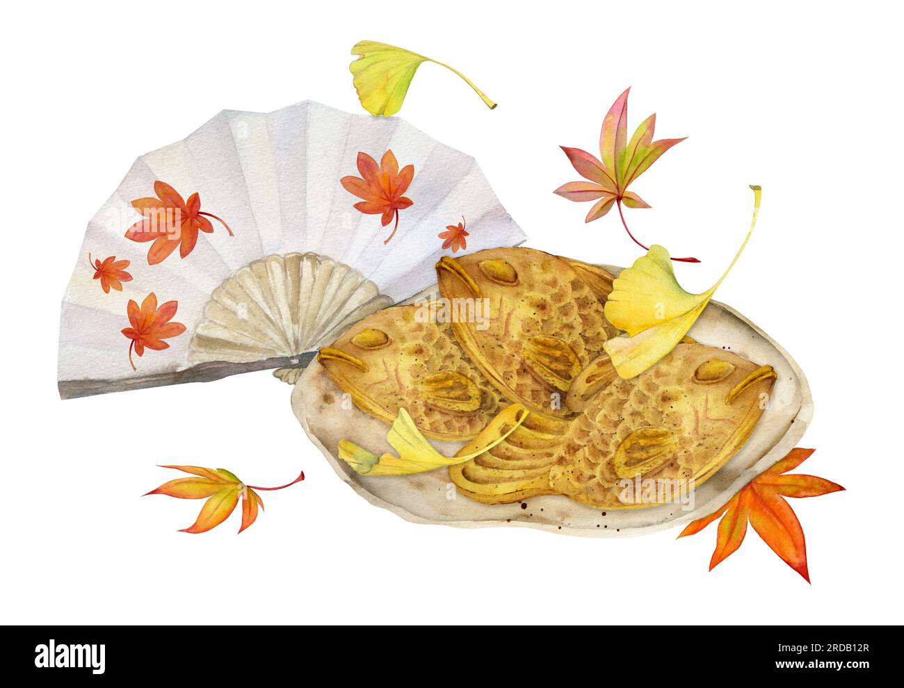 Watercolor hand drawn traditional Japanese sweets. Ceramic dish, autumn ...