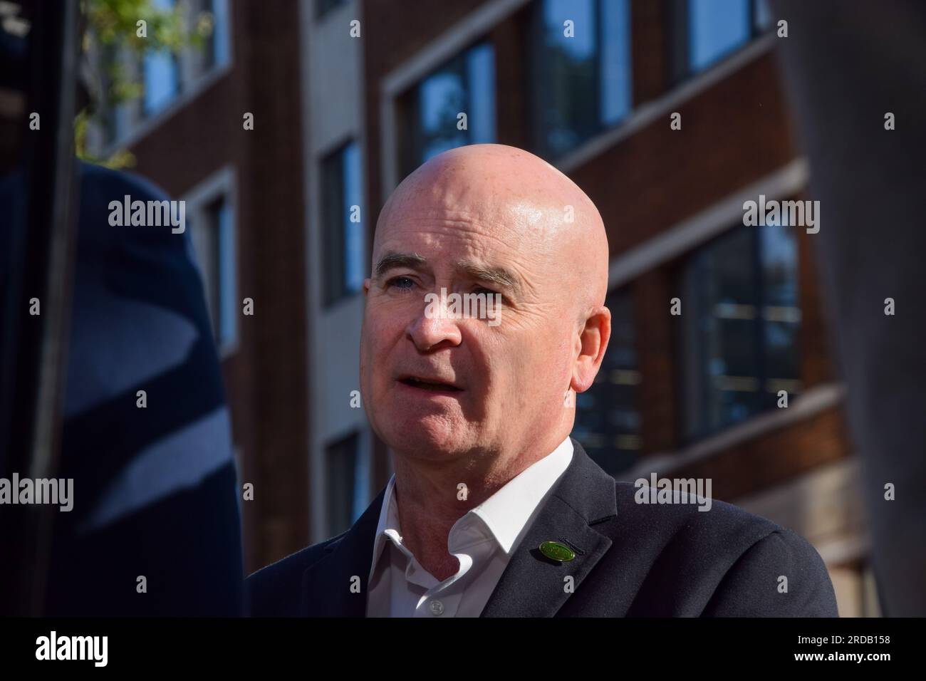London, UK. 20th July 2023. RMT General Secretary MICK LYNCH gives an ...