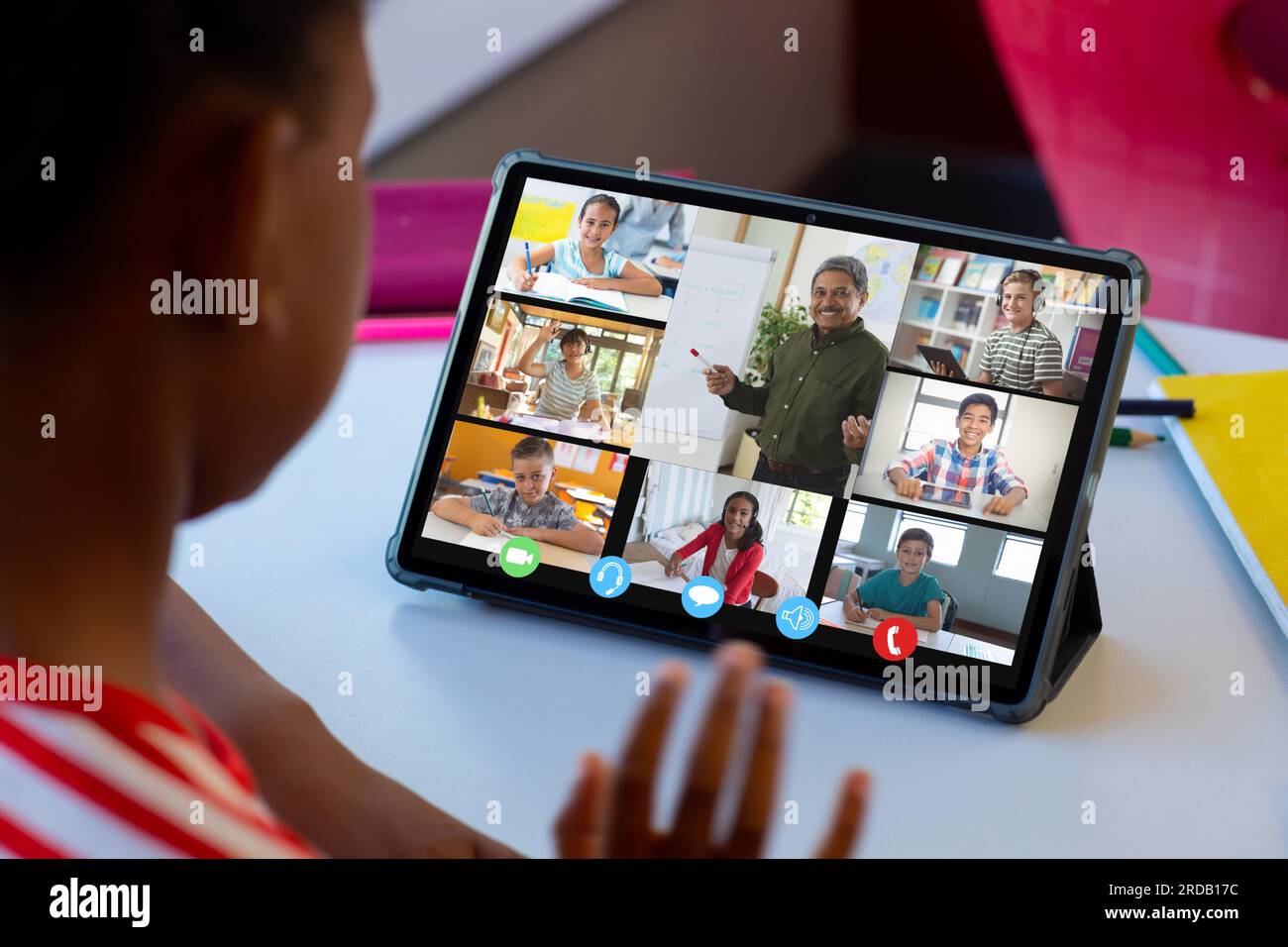 African american boy attending online class with teacher and students ...