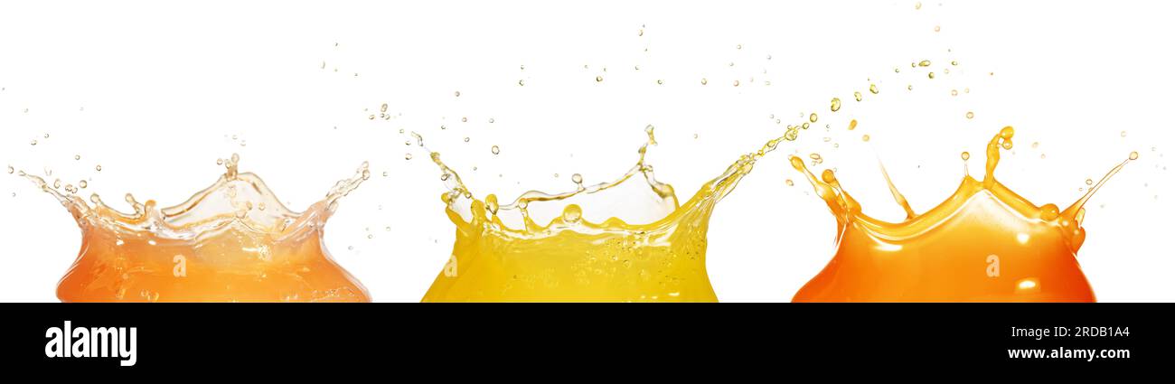 Fruit juice splashes set isolated on white background. Real shot Stock ...