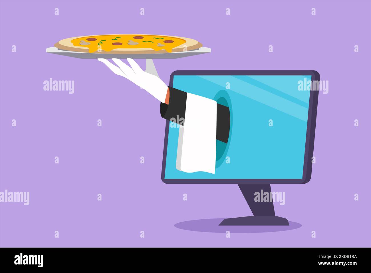 Character flat drawing hands out of computer monitor screen with tray ...