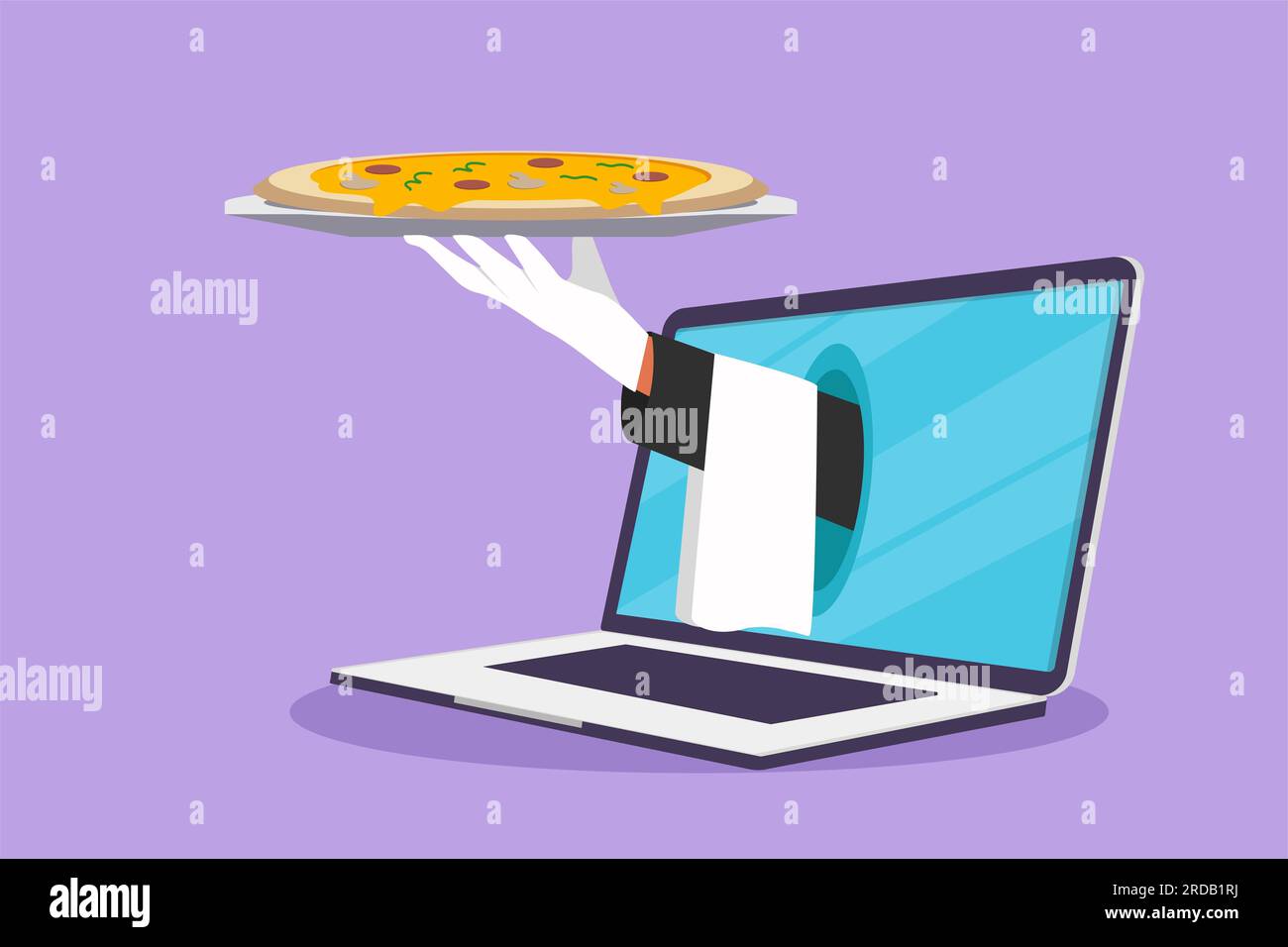 Character flat drawing hands out of laptop computer screen with tray ...